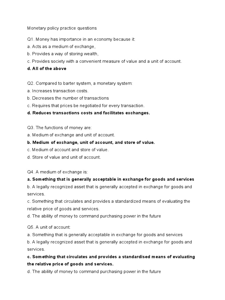 SOLUTIONS Monetary Policy Practice Questions | PDF | Money Supply ...