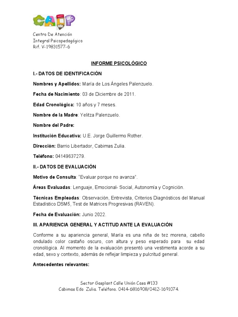 Informe Psicológico Maria P | PDF | Discapacidad intelectual | Ciencias del comportamiento