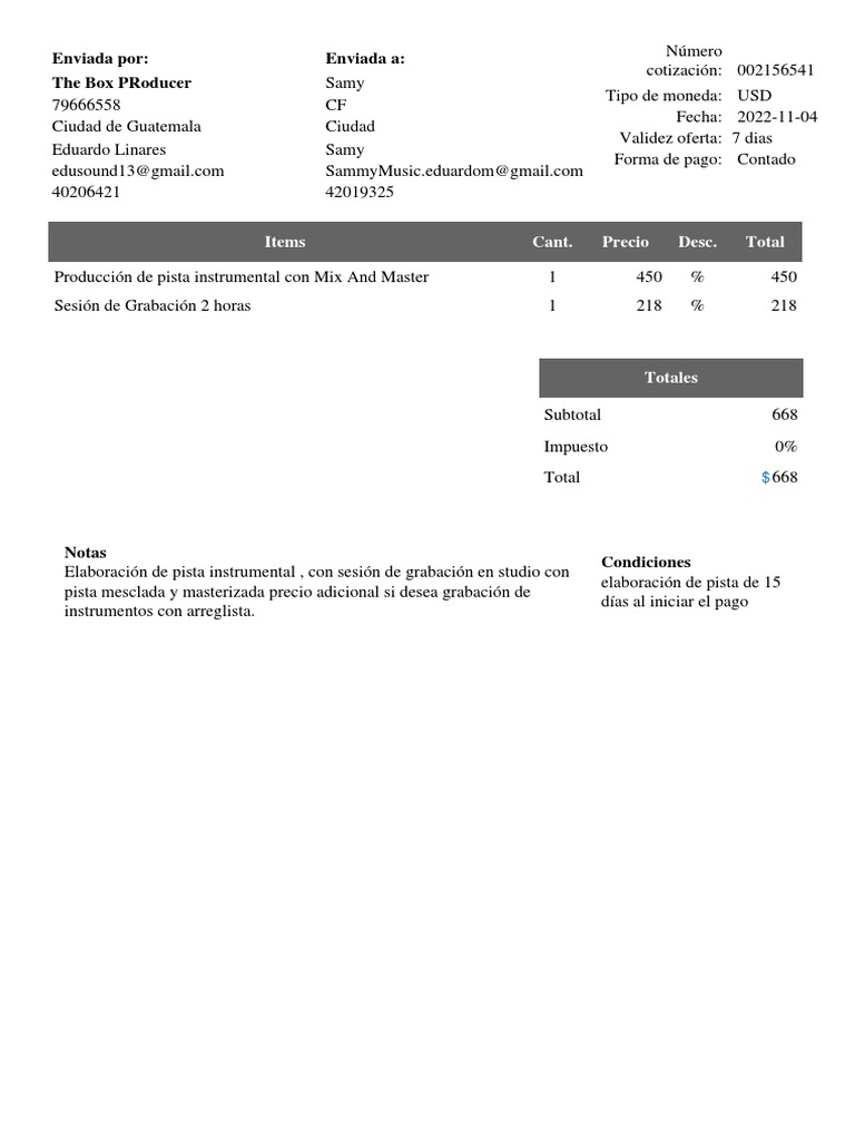 Cotizacion de Produccion Musical | PDF