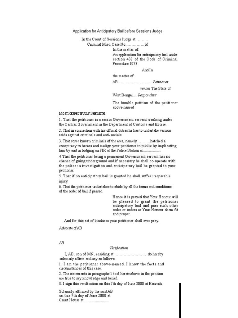 Application For Anticipatory Bail Before Sessions Judge Deeds ...