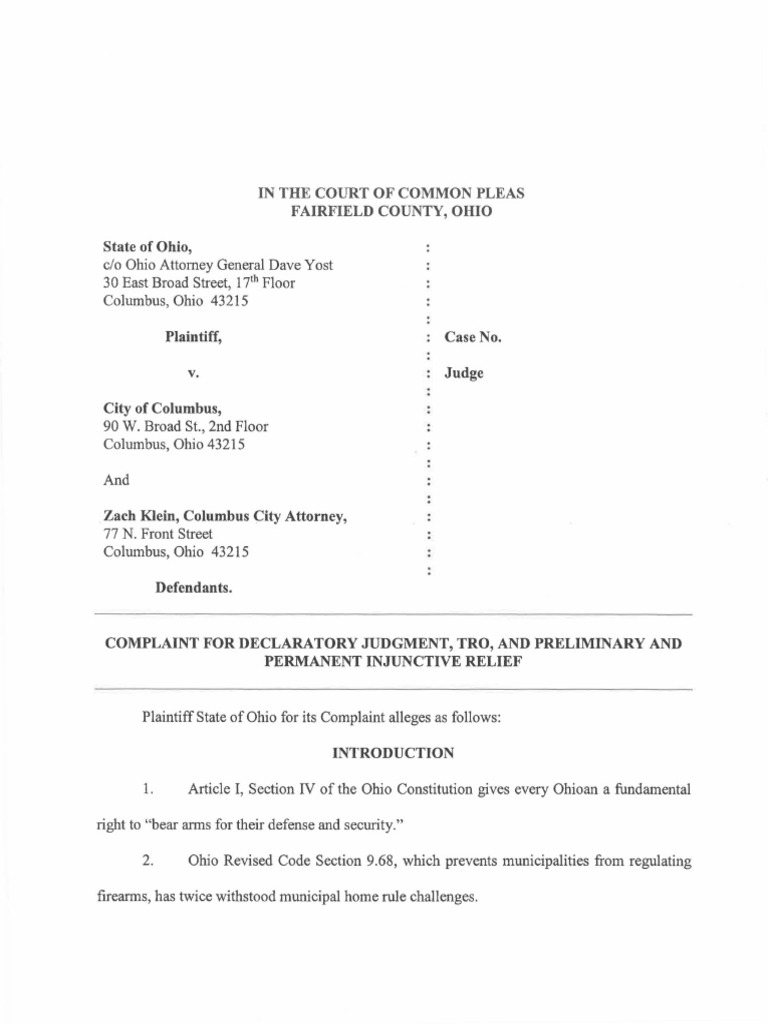 State of Ohio v. City of Columbus Complaint and Motion For TRO 2022 | PDF
