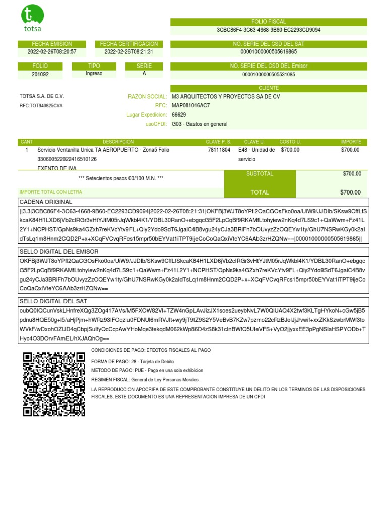 Factura Totsa S.A. de C.V. 2022 | PDF | Pagos | Dinero