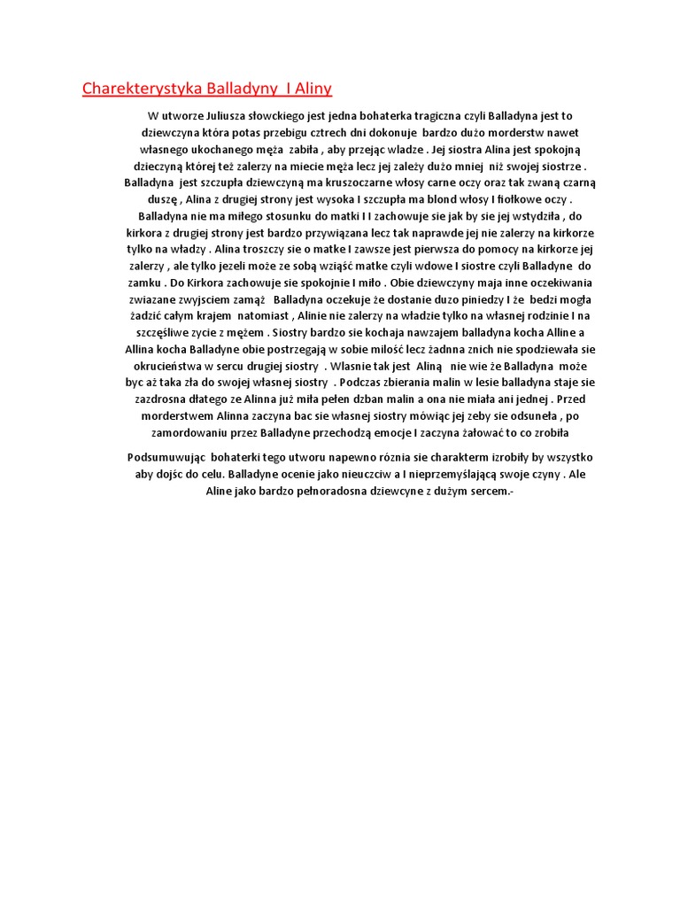 Charakterystyka Balladyny I Aliny | PDF