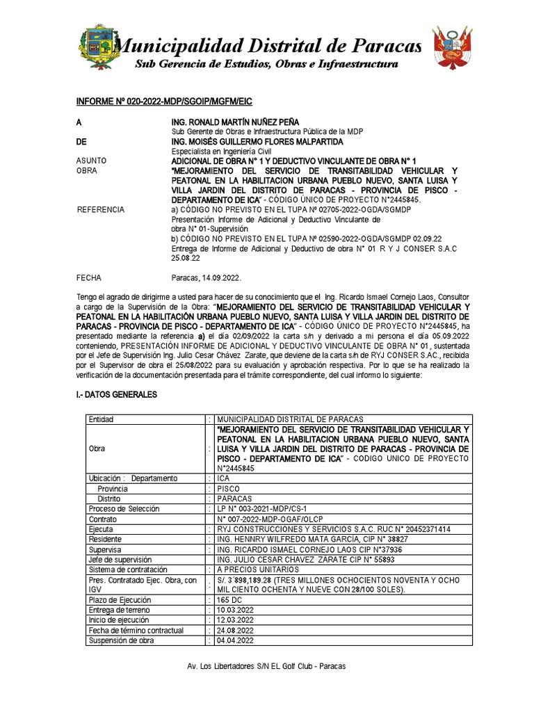 Informe #020 Adicional-Deductivo Vinculante #01 Pueblo Nuevo-Santa Luisa-Villa Jardin | PDF ...