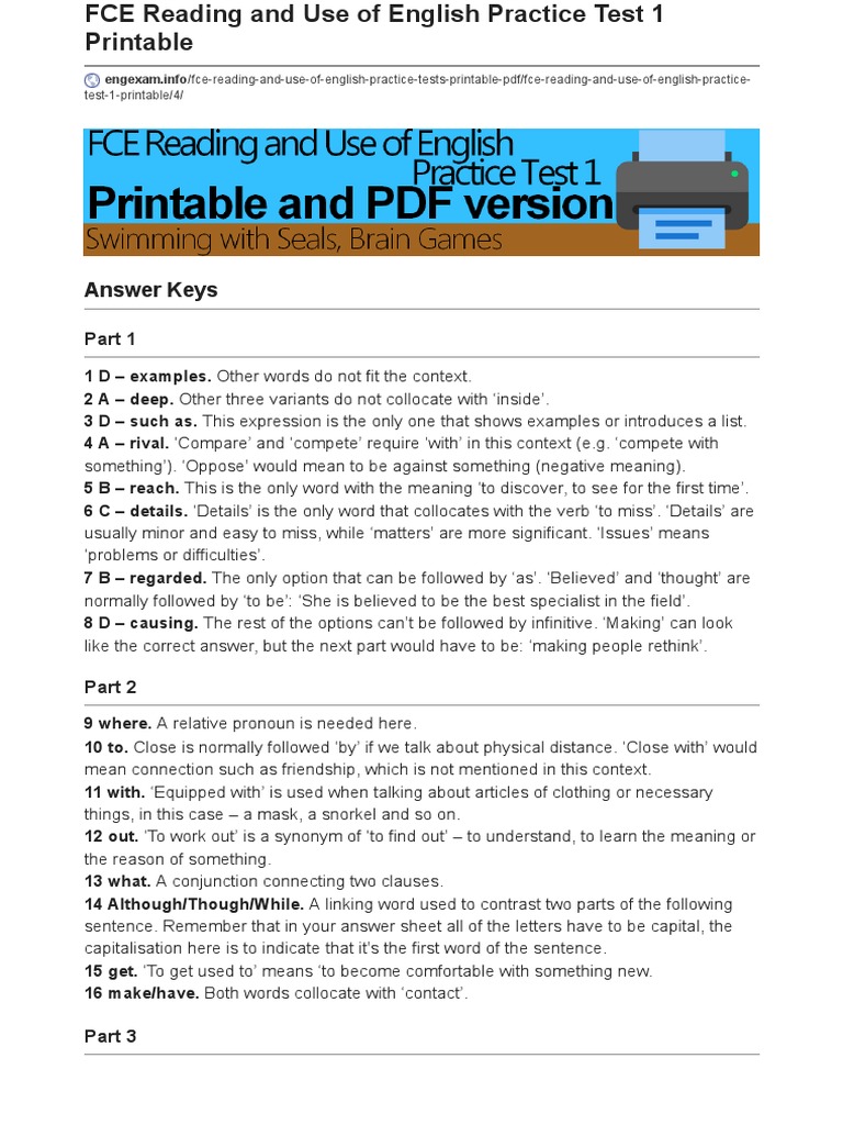 FCE Reading and Use of English Practice Test 1 PDF | PDF | Verb ...