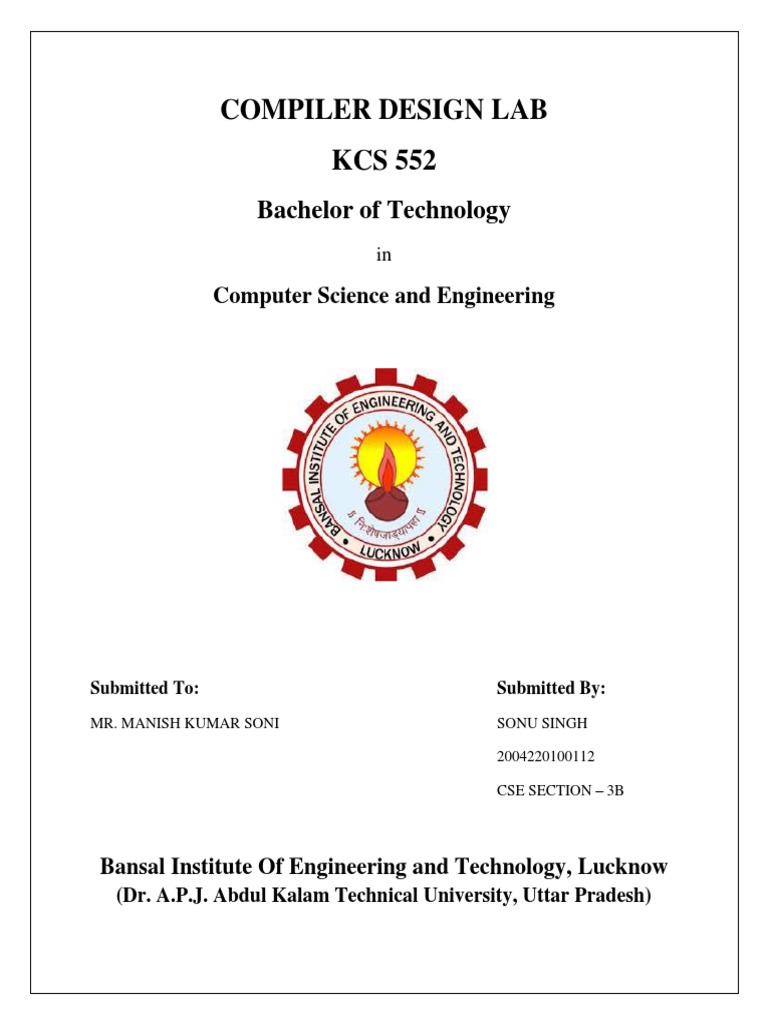 Compiler Design Lab Kcs 552 Bachelor Of Technology Pdf 