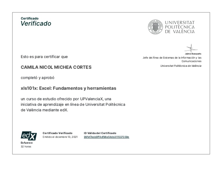 Certificado UPValenciaX xls101x - Edx | PDF