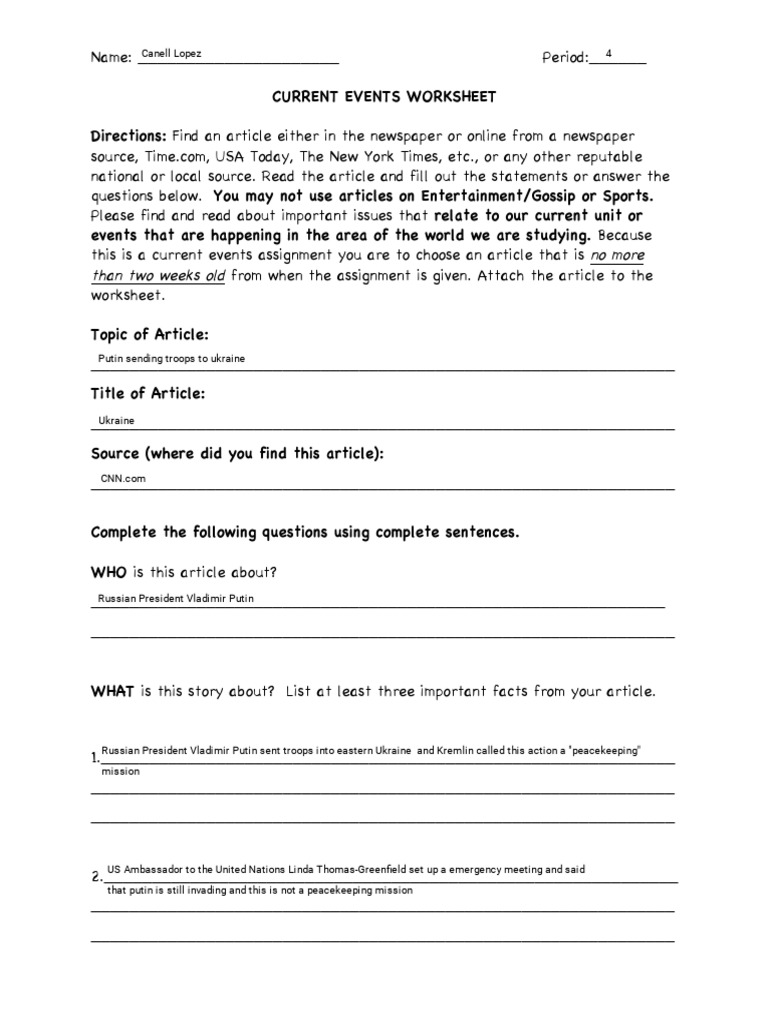 Current Events Worksheet Template | PDF | Vladimir Putin | World Politics