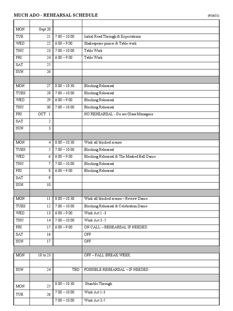 Much Ado Rehearsal Schedule | PDF
