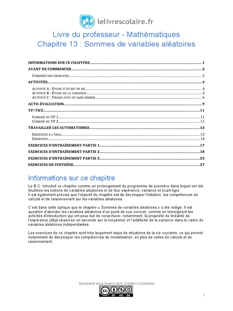 Livre Du Professeur - Chapitre 13 - Sommes de Variables Aléatoires ...