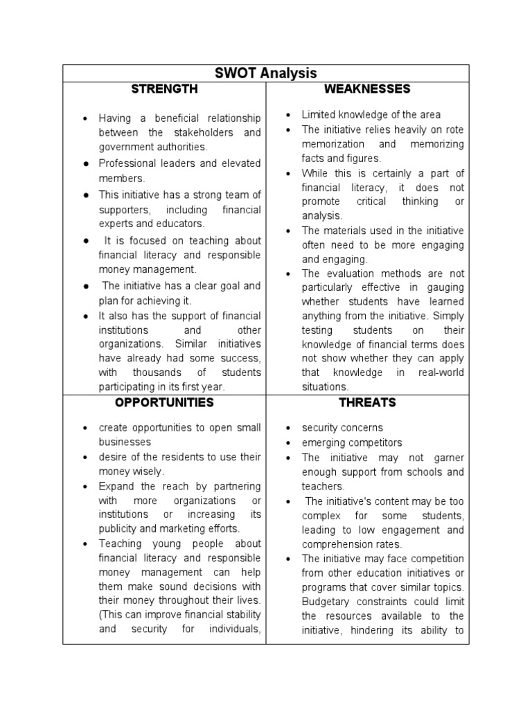 SWOT Analysis | PDF | Literacy | Financial Literacy