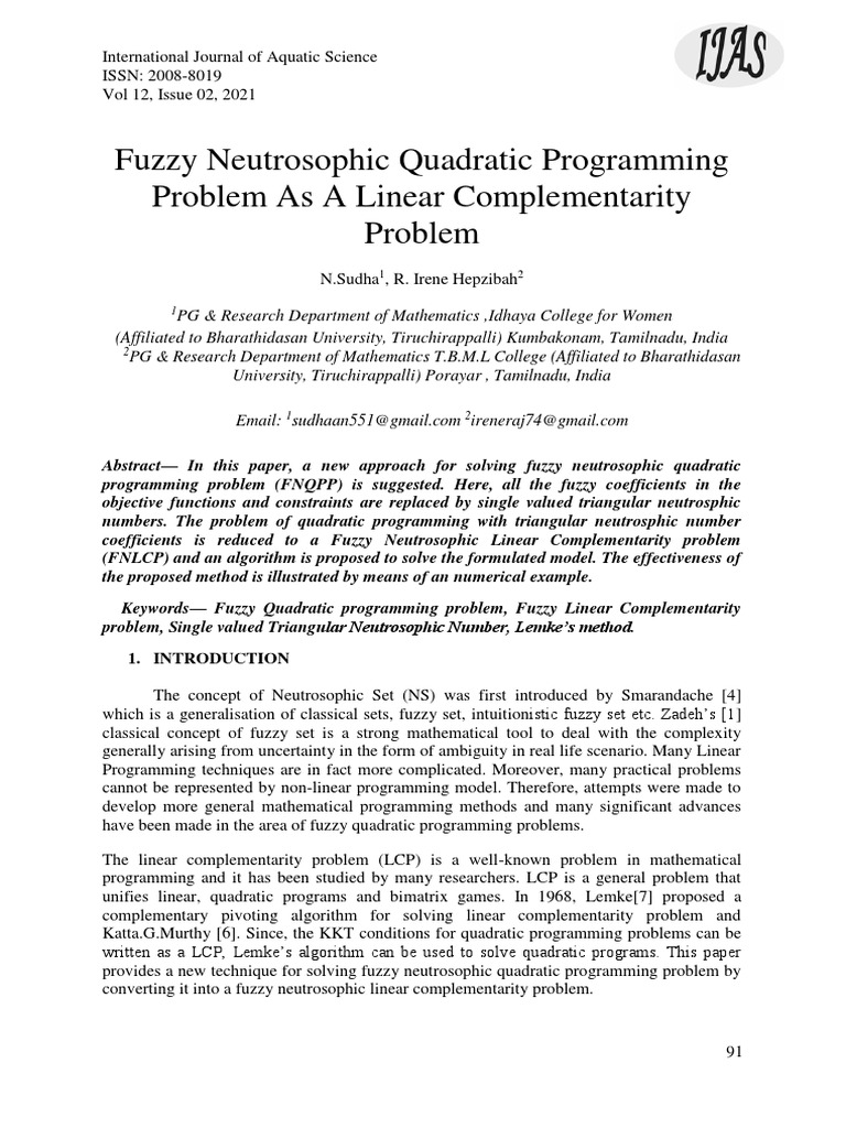 Fuzzy Neutrosophic Quadratic Programming Problem As A Linear Complementarity Problem Descargar