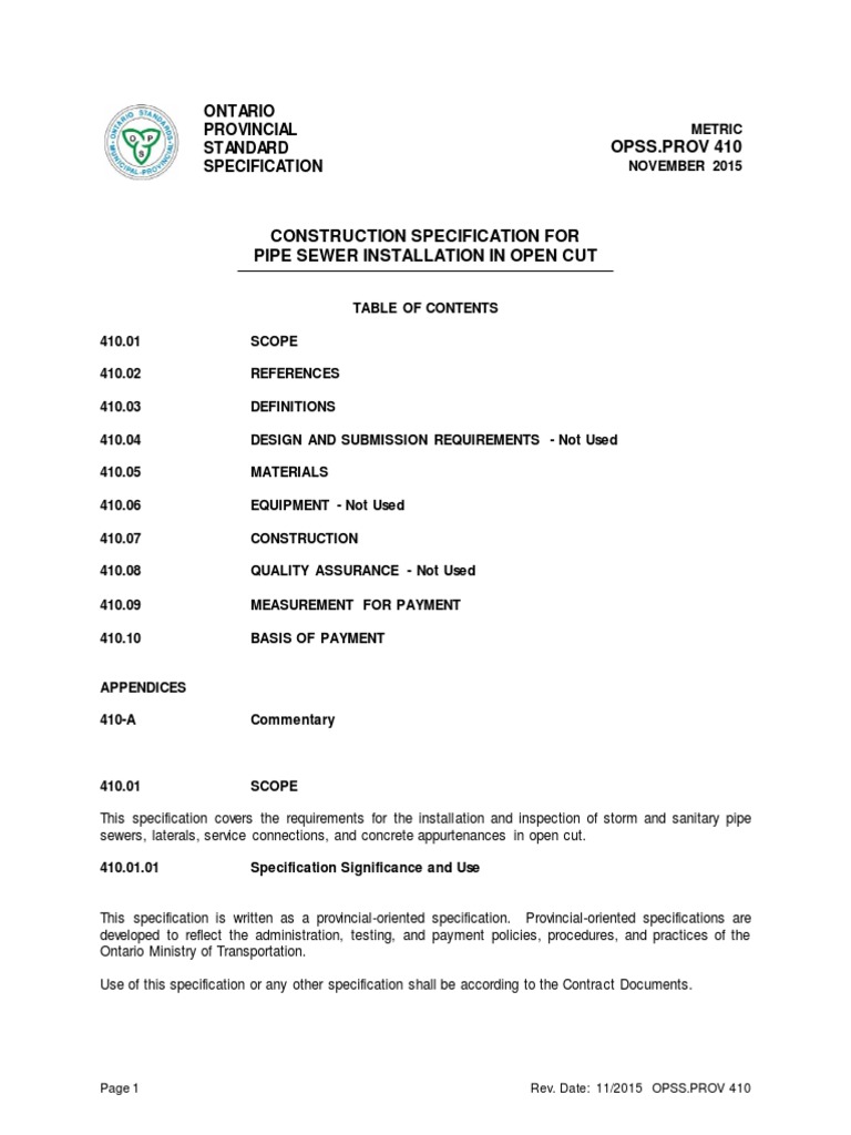 Opss - Prov 410 Nov15 Construction Specification For Pipe Sewer ...