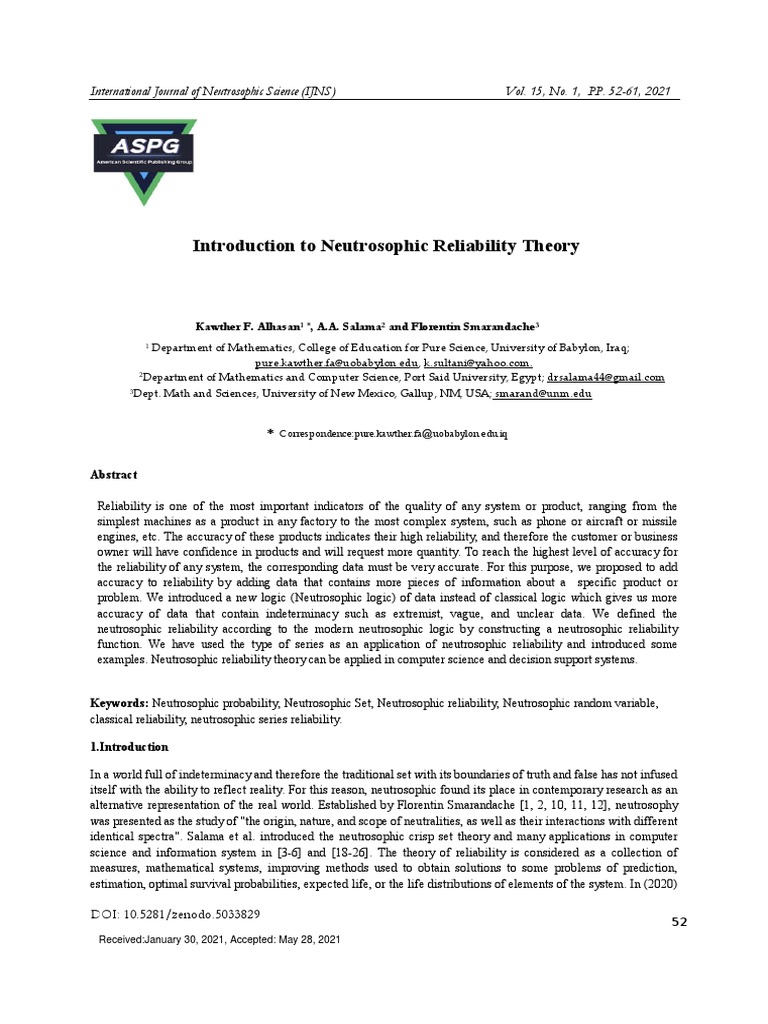 Neutrosophic Reliability Theory Explained | PDF | Reliability ...
