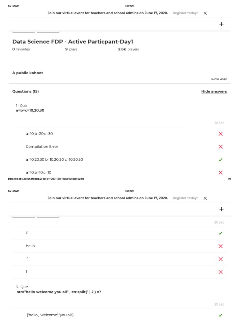 Kahoot! Data Science FDP Quiz | PDF | Software Engineering | Computer Programming
