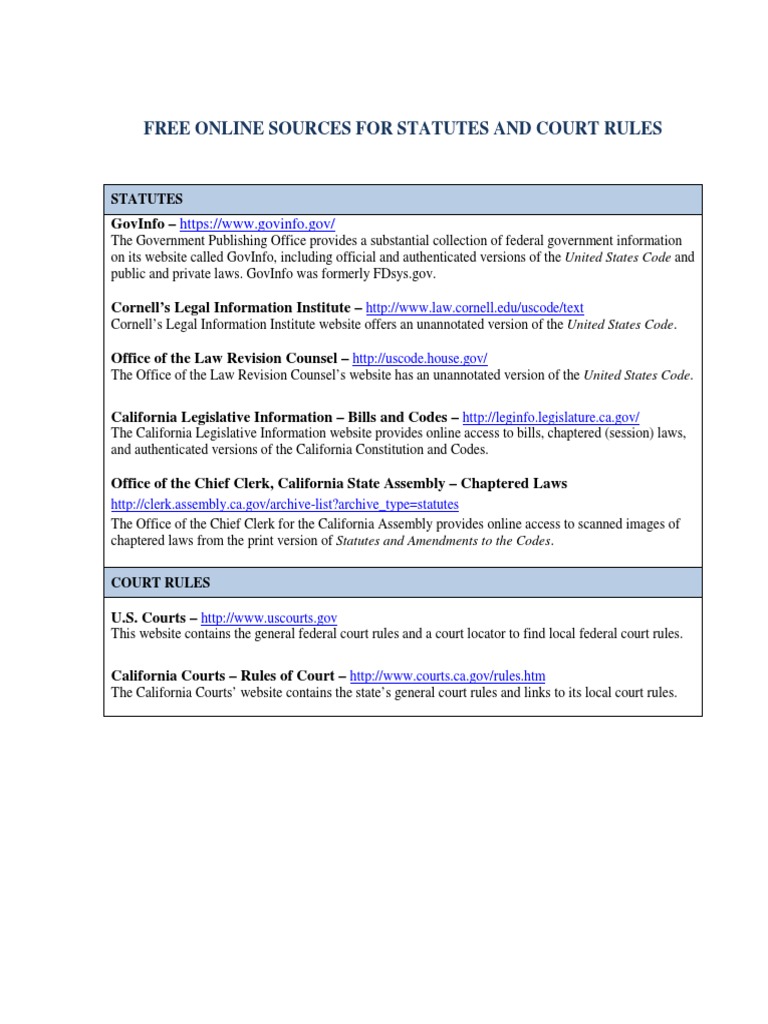 Free Online Sources For Statutes and Court Rules Chart | PDF