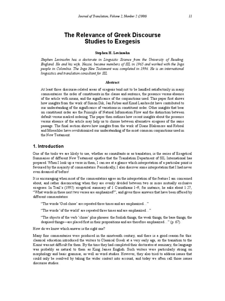 (S. H. Levinsohn) The Relevance of Greek Discourse Studies To Exegesis ...