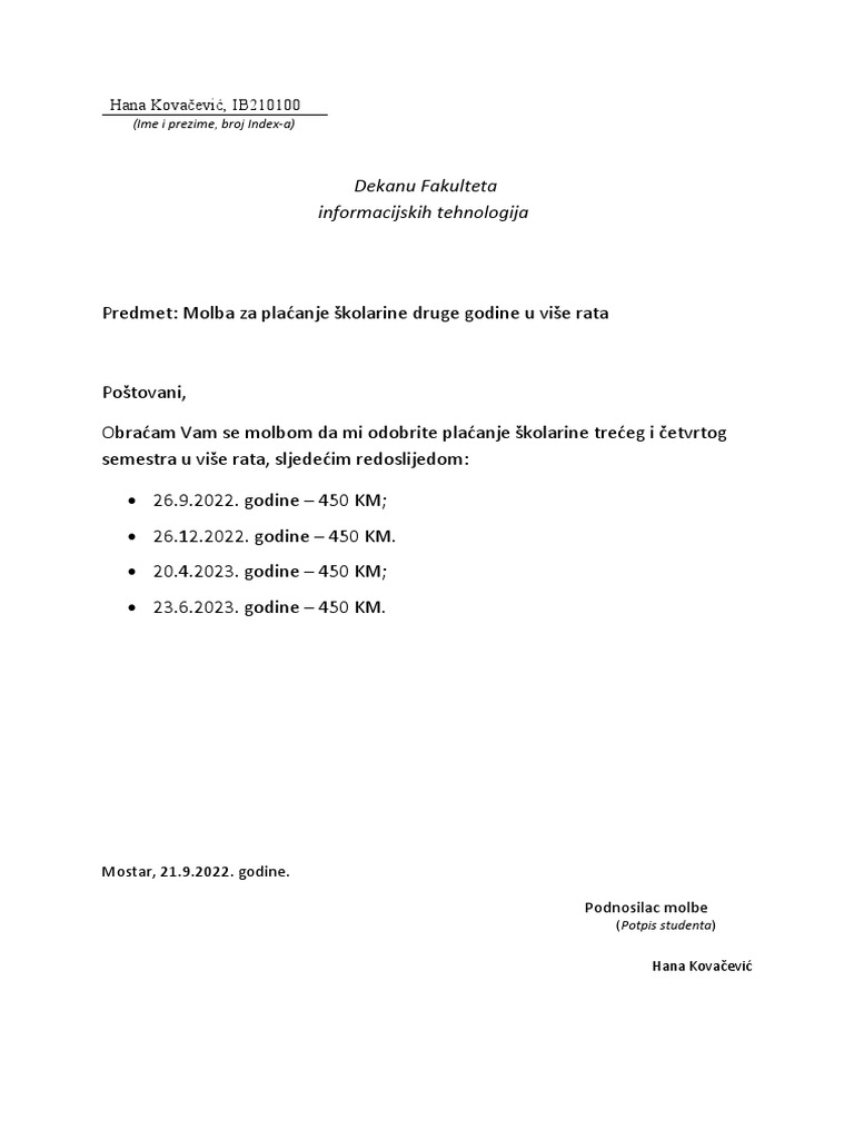 Molba Dekanu - Template | PDF