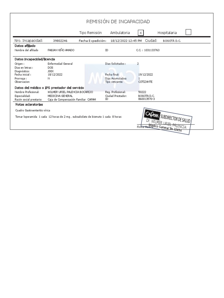 INCAPACIDAD CAFAM | PDF