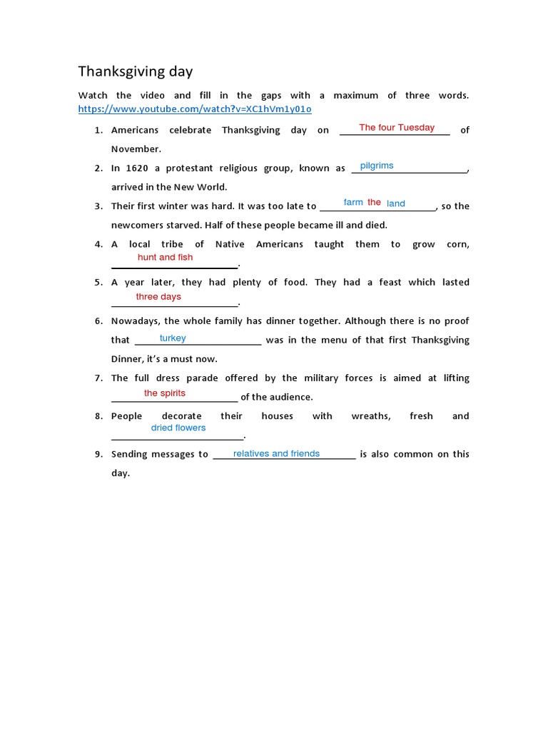 The History of The First Thanksgiving Day +key | PDF | Thanksgiving ...