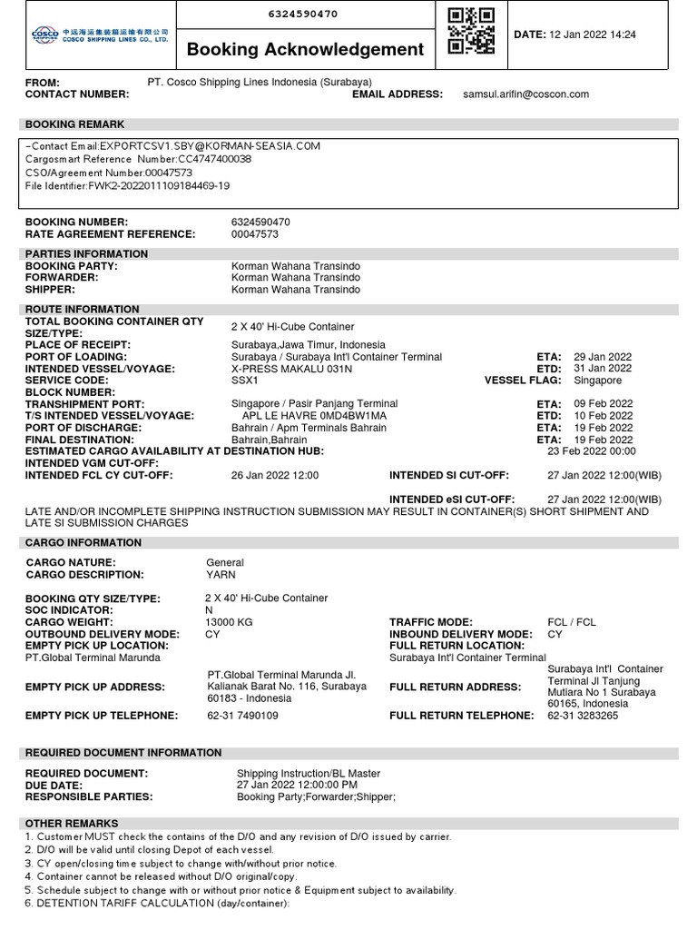 Booking Acknowledgement | Download Free PDF | Cargo | Shipping