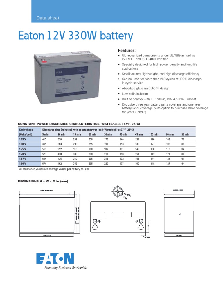 Eaton 12V 330W Battery: Data Sheet | Download Free PDF | Electrical ...