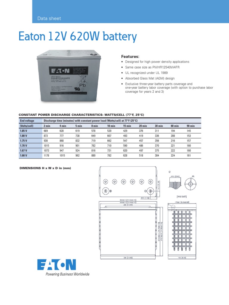Eaton 12V 620W Battery: Data Sheet | PDF | Electromagnetism | Physical Quantities
