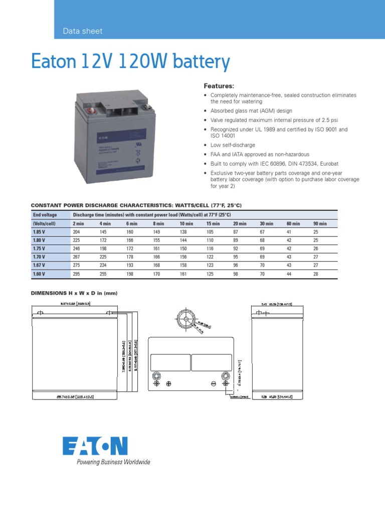 Eaton 12V 120W Battery: Data Sheet | PDF | Metrology | Quantity