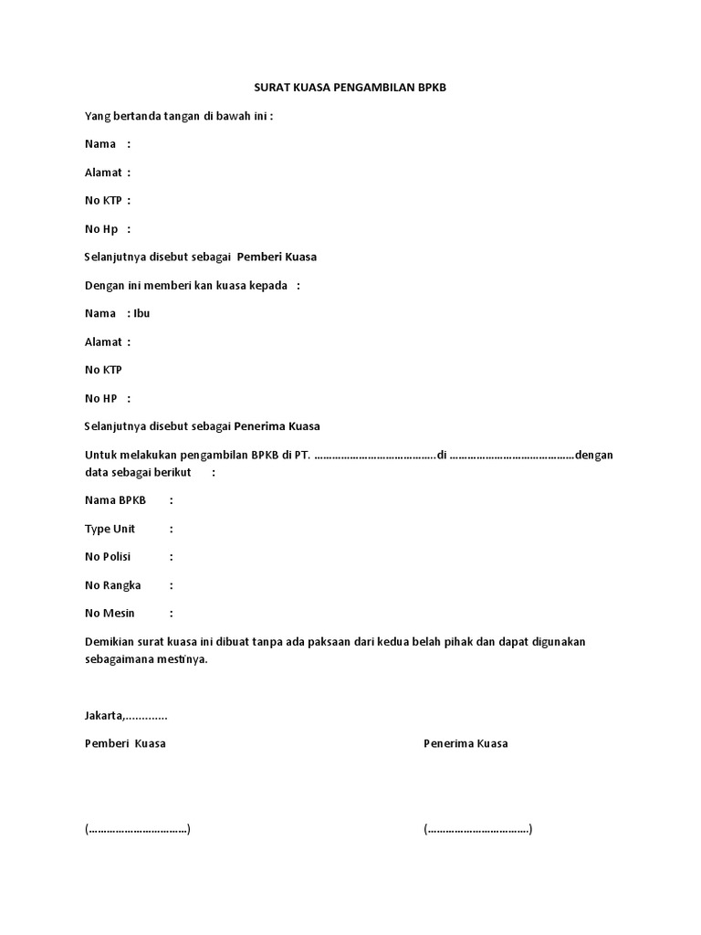 Form Surat Kuasa Pengambilan BPKB | PDF