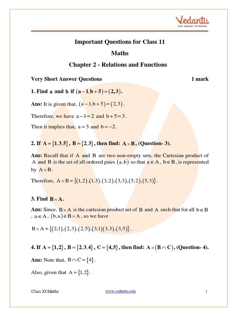 CBSE Class 11 Maths Chapter 2 - Relations and Functions Important Questions 2022-23 | PDF ...