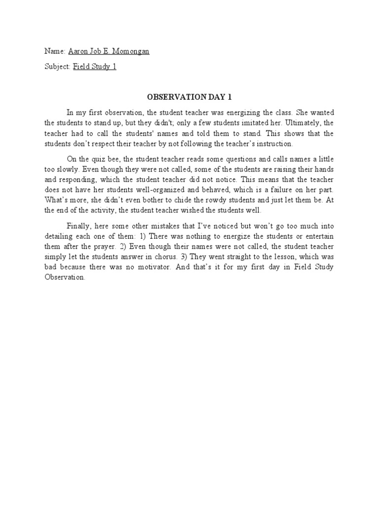 AJ Mongan - FS 1 Observation Narrative Reports Day 1, 2 & 3 | PDF | Attention | Psychological ...