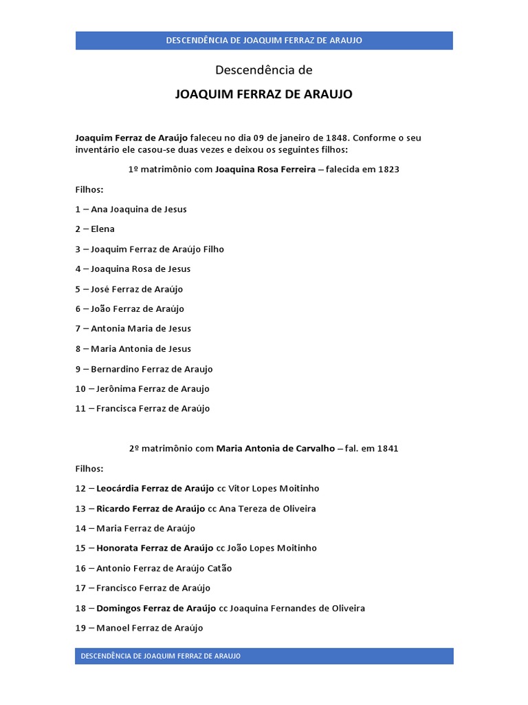Descendência de JOAQUIM FERRAZ DE ARAUJO e CLEMENTE LOPES FERRAZ | PDF ...