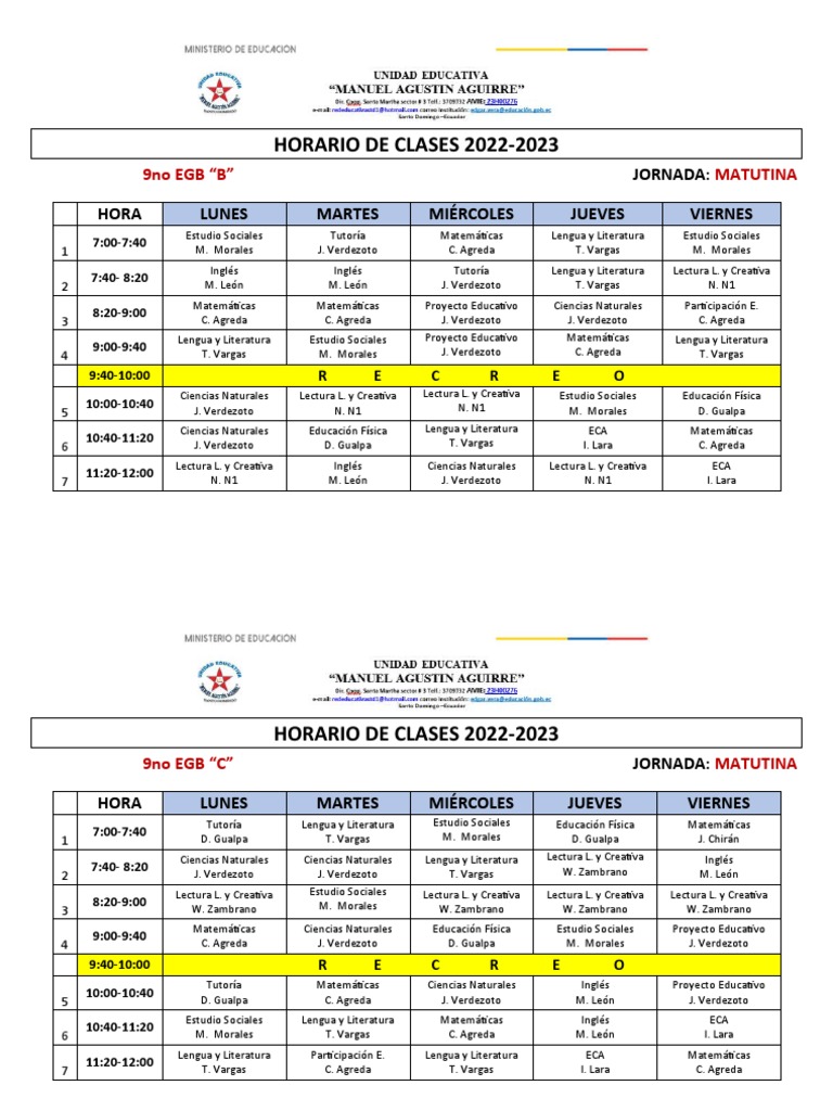 Horario Basica 9b 9c 9d Y 10a Pdf Science