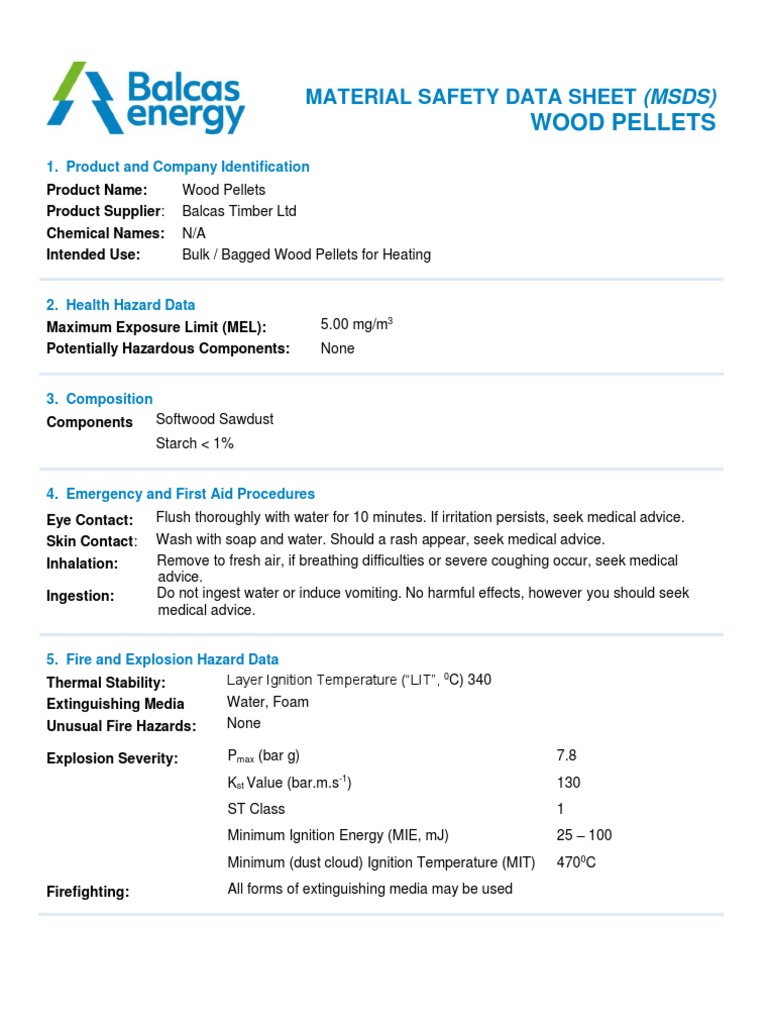 Wood Pellets Material Safety Data Sheet MSDS | PDF | Combustion | Water
