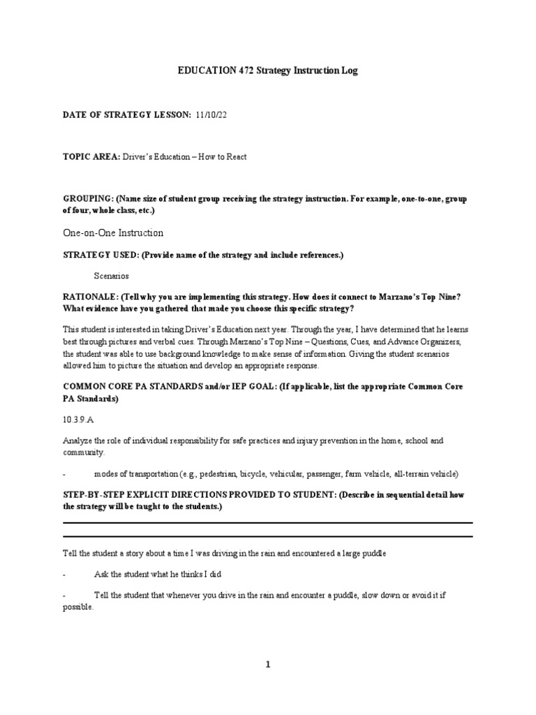 Edu 472 Strategy Instruction Log Drivers Ed Scenarios | PDF | Behavior ...