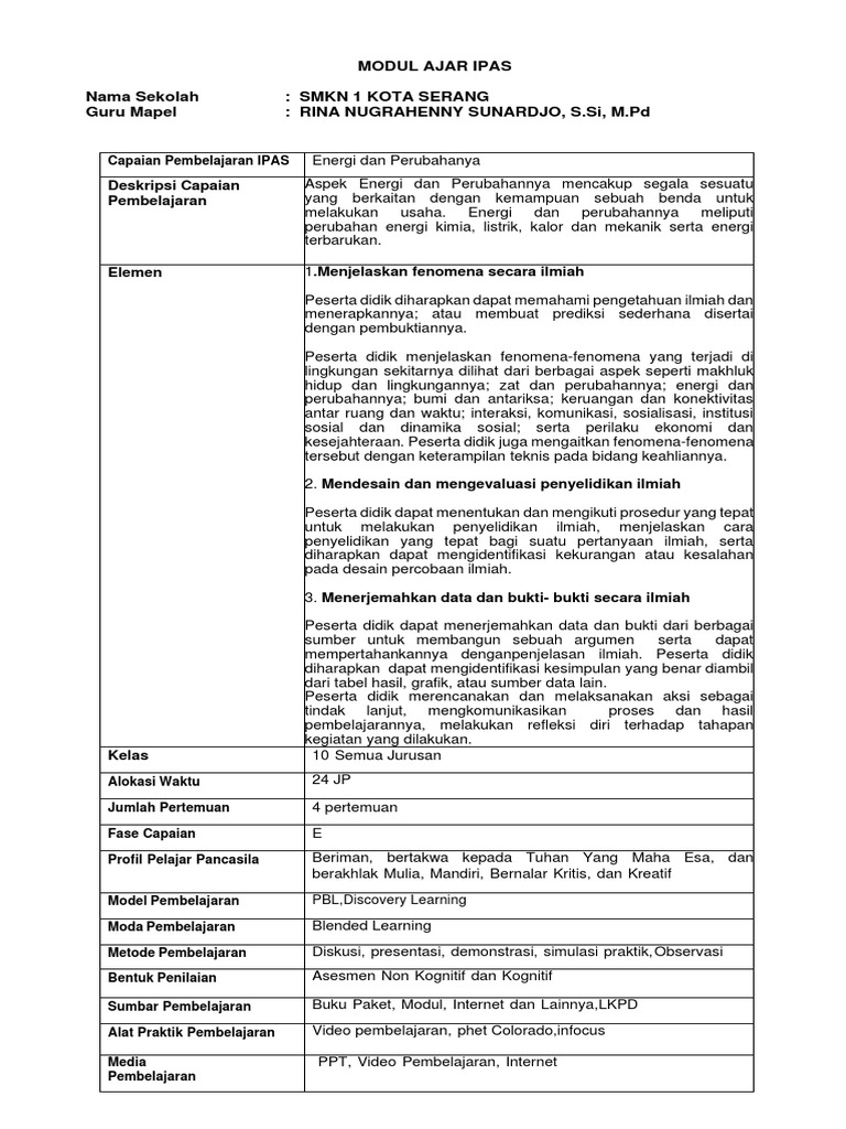 Modul Ajar - Energi Dan Perubahannya | PDF Modul Ajar - Energi Dan Perubahannya | PDF