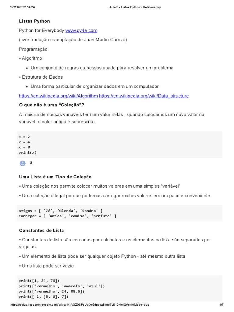 Aula 3 - Listas Python - Colaboratory | PDF | Python (linguagem de ... Aula 3 - Listas Python - Colaboratory | PDF | Python (linguagem de ...