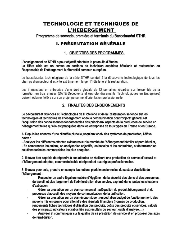 Programme STHR : Technologie Hébergement | PDF | Hôtellerie | la ...