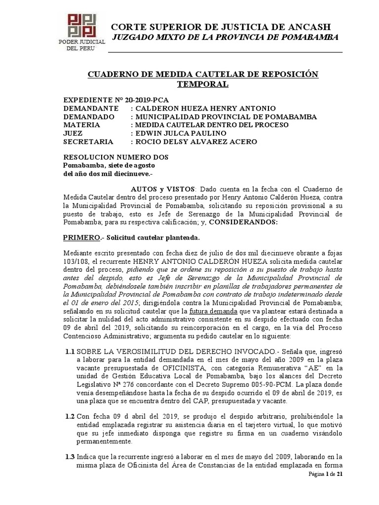 Medida Cautelar de Reposición Laboral | PDF