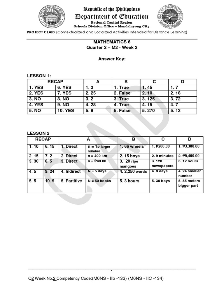 M6-Q2-M2-W2 - Answer Key | PDF