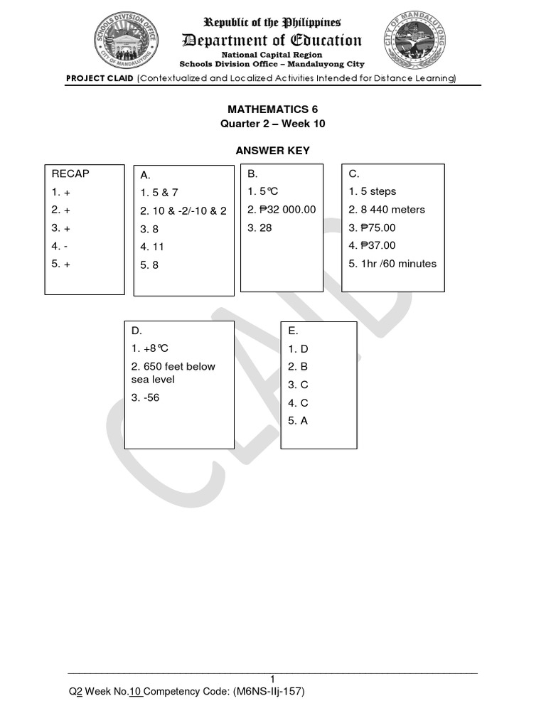 Q2 Week 10 Math Answer Key | PDF