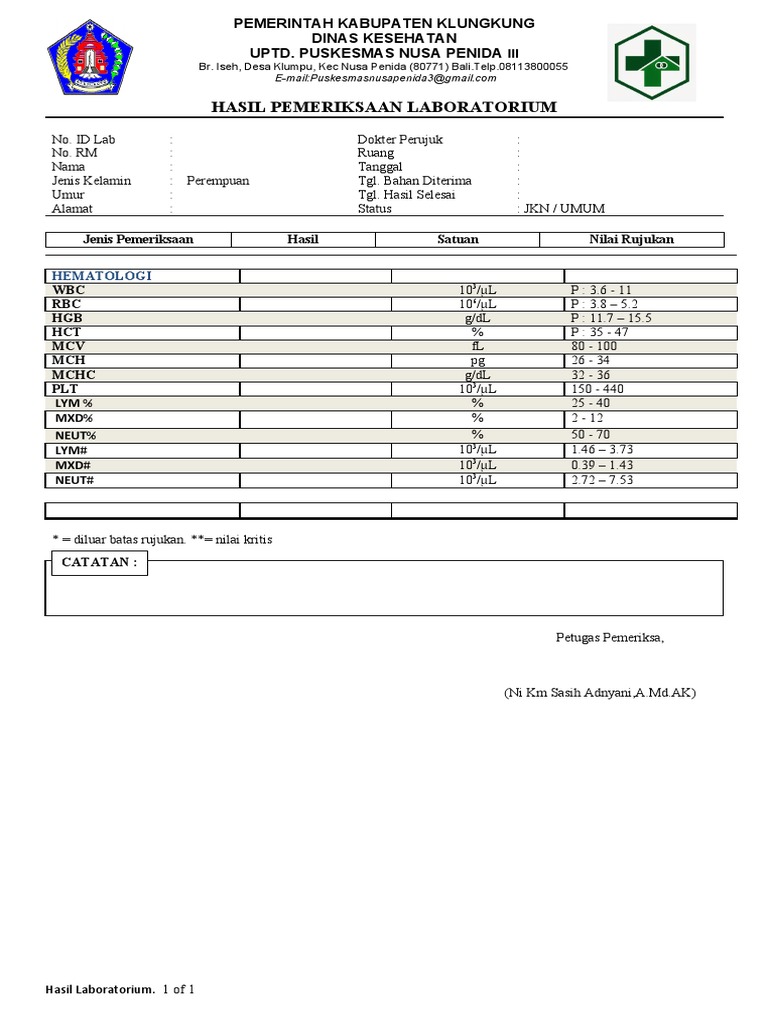 Form Hasil Pemeriksaan DL Dewasa Perempuan | PDF
