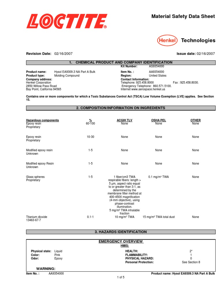 Msds, Hysol Ea 9309.3 Na | Personal Protective Equipment | Dangerous Goods