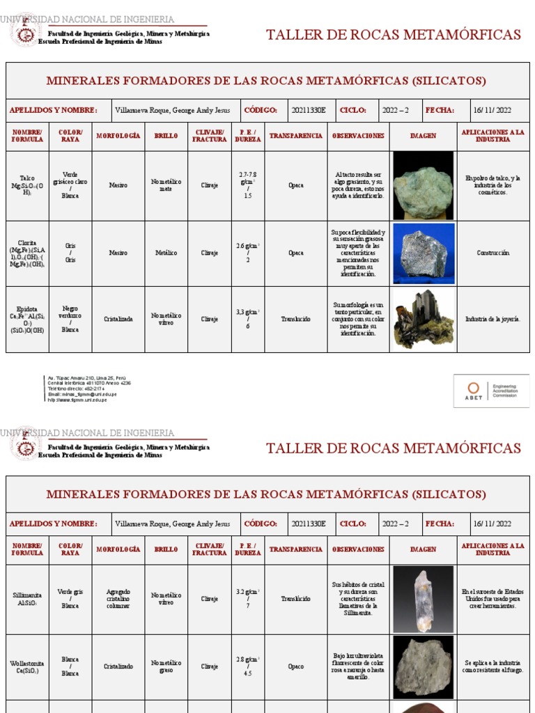Hoja de Trabajo Minerales Formadores de Las Rocas Metamorficas | PDF ...