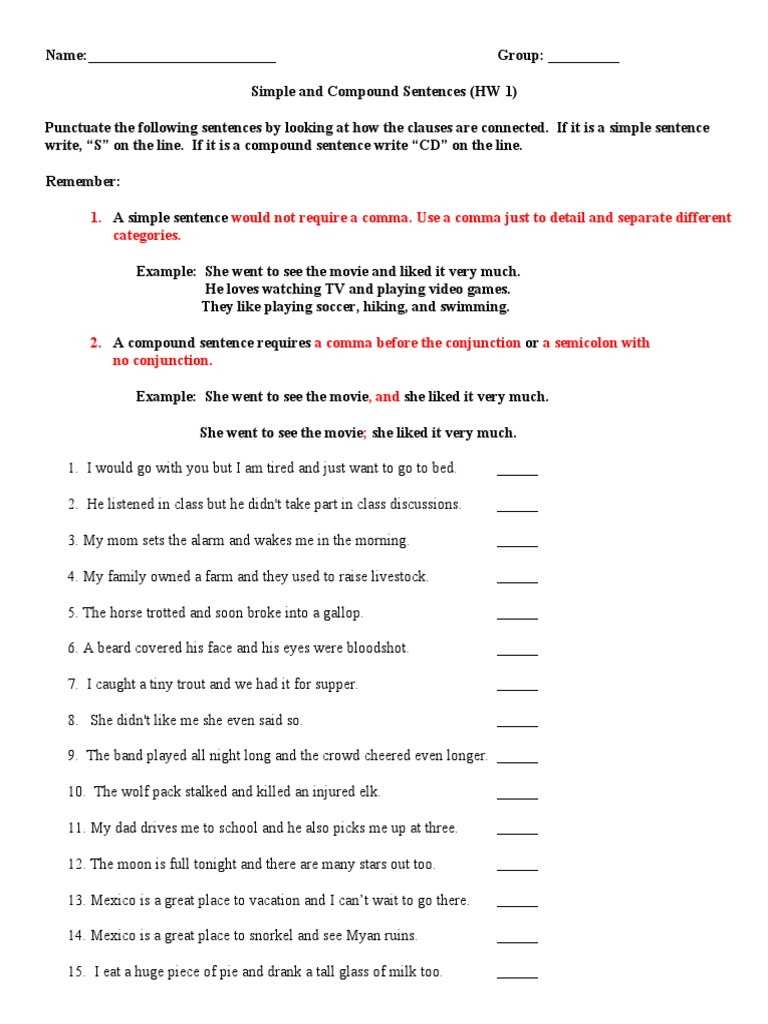 Simple and Compound Sentences Practice | PDF