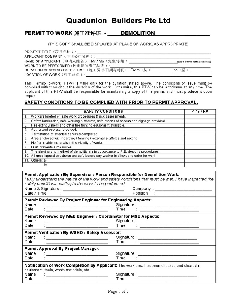 Demolition Permit Application Form | PDF | Occupational Safety And ...