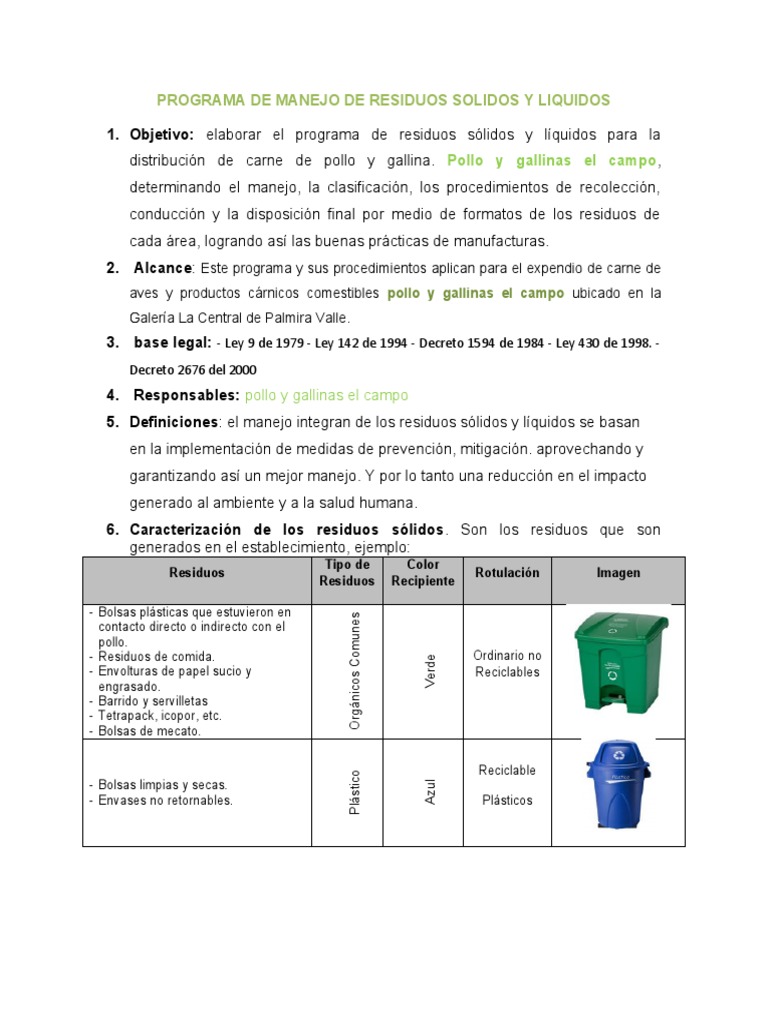 Programa de Manejo de Residuos Solidos y Liquidos | PDF | Residuos | Pollo