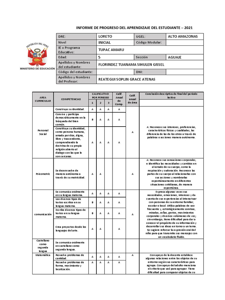Informe de Progreso Del Aprendizaje Del Estudiante | PDF | Comunicación ...