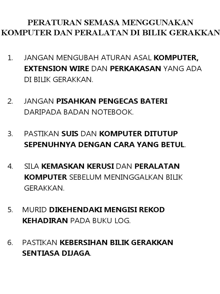 Peraturan Semasa Menggunakan Komputer Dan Peralatan Di Bilik Gerakkan | PDF
