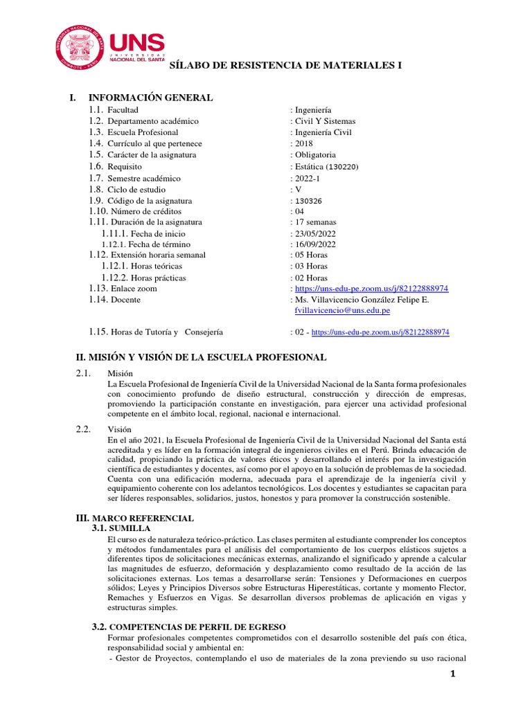 Silabo Resistencia de Materiales I 2022-I | PDF | Viga (Estructura) | Prueba (evaluación)